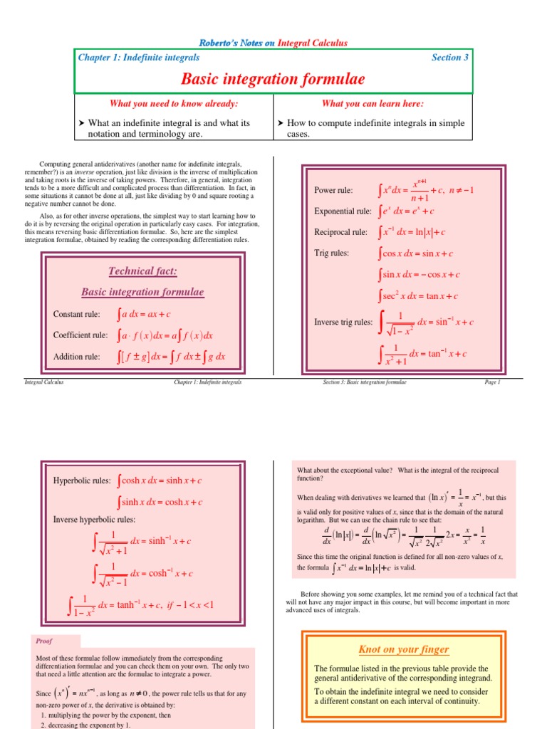 Basic Integration Formulae: Integral Calculus | PDF | Integral ...