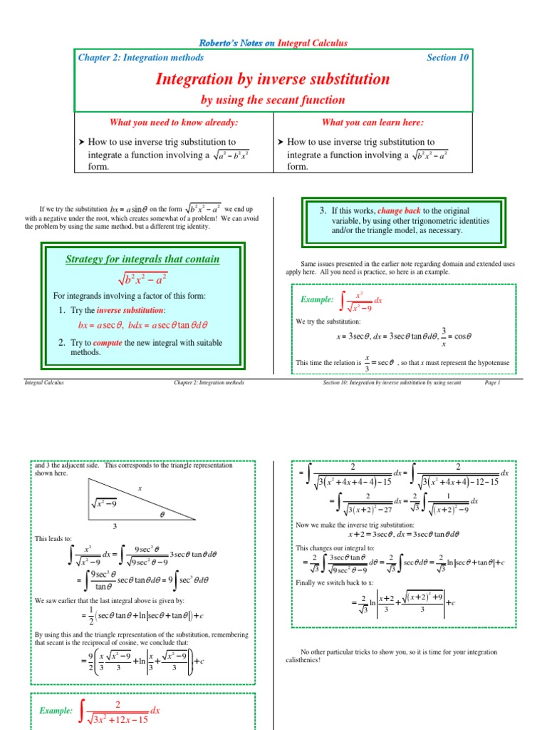 Integration by Inverse Substitution: by Using The Secant Function | PDF | Integral ...