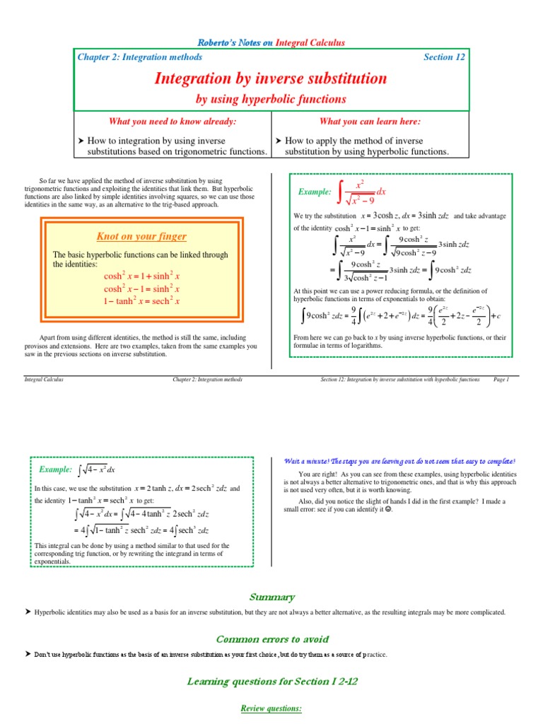 Integration By Inverse Substitution By Using Hyperbolic Functions Pdf Integral Function