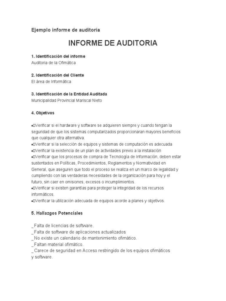 Ejemplo Informe de Auditoria | PDF | Auditoría | Software