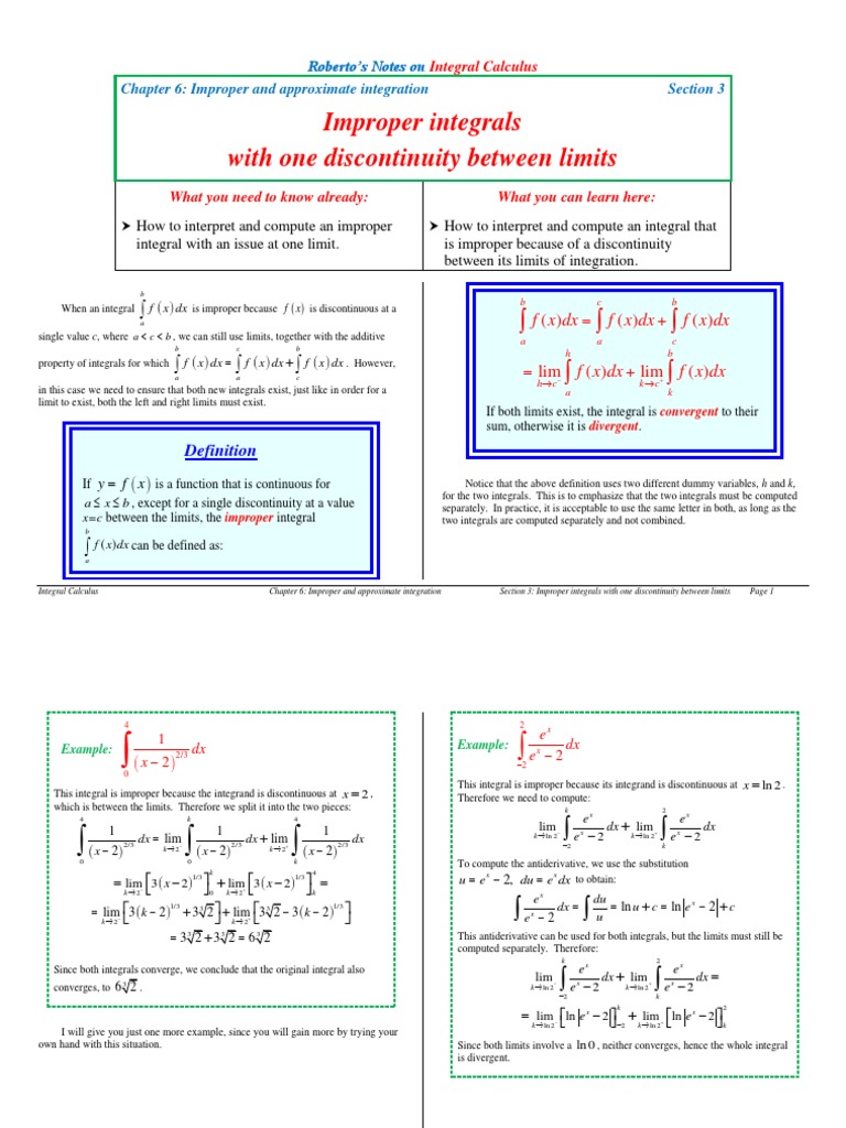Improper Integrals With One Discontinuity Between Limits Integral