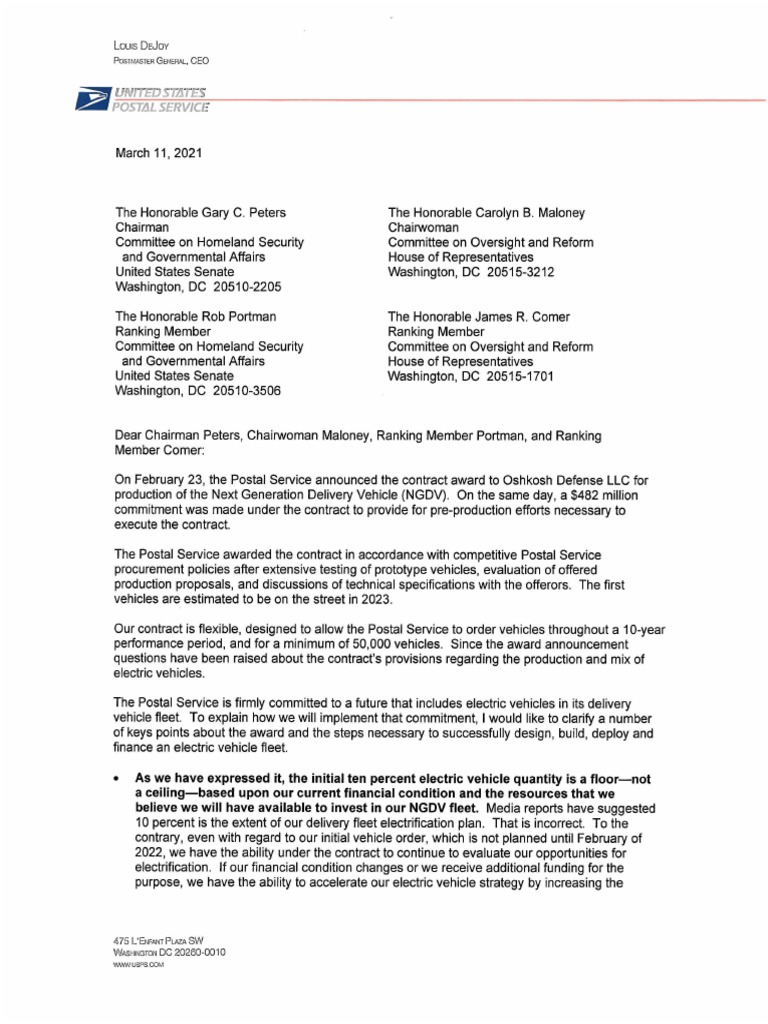 Louis DeJoy Letter To Congress | PDF