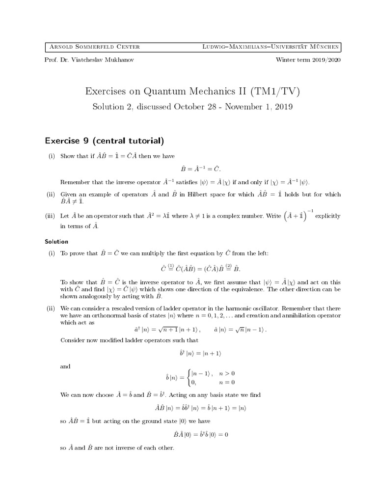 Exercises On Quantum Mechanics II (TM1/TV) : Solution 2, Discussed October 28 - November 1, 2019 ...