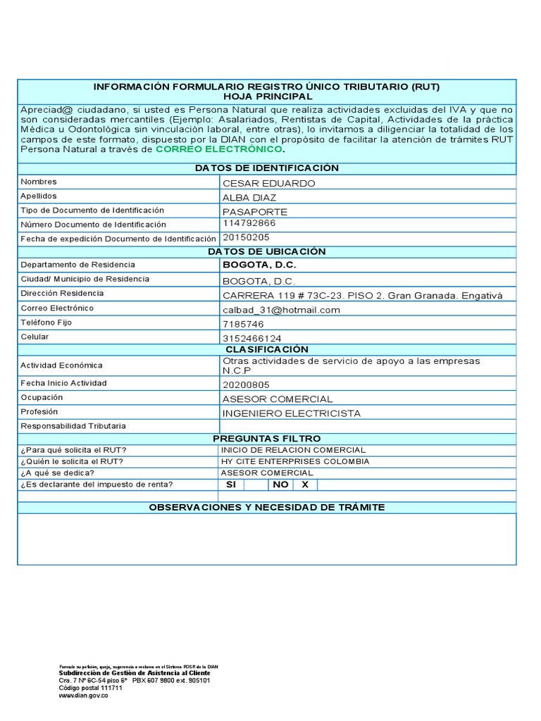 Formato Tramite RUT Persona Natural Que No Requiere Camara de Comercio ...