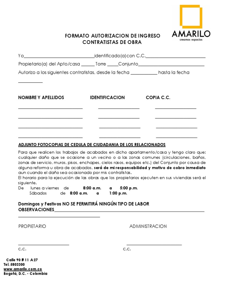 Formato Autorizacion de Ingreso Contratistas de Obra Amarilo | PDF