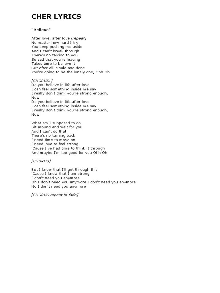 Cher Lyrics: "Believe" | PDF