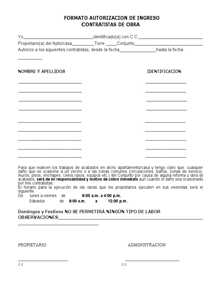 Formato Autorizacion de Ingreso Contratistas de Obra Amarilo | PDF