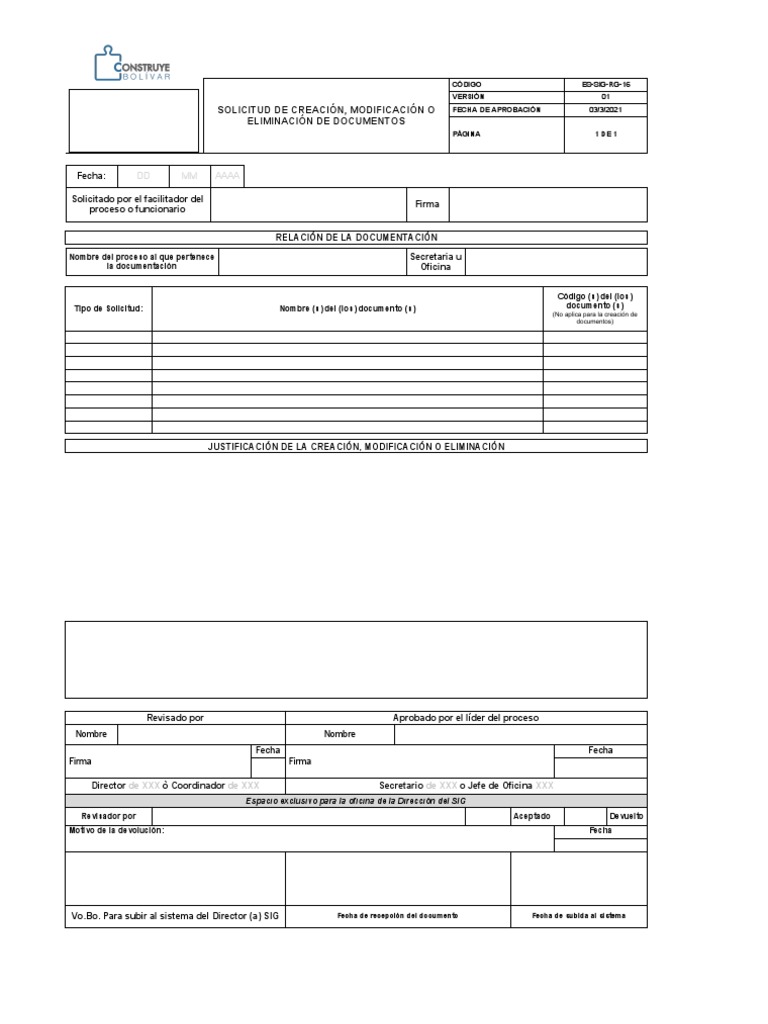 FT-solicitud de Creacion, Modificacion, Eliminacion de Documentos | PDF ... FT-solicitud de Creacion, Modificacion, Eliminacion de Documentos | PDF ...