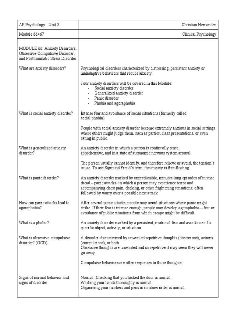 AP Psychology Module 66+67 | PDF | Anxiety Disorder | Anxiety