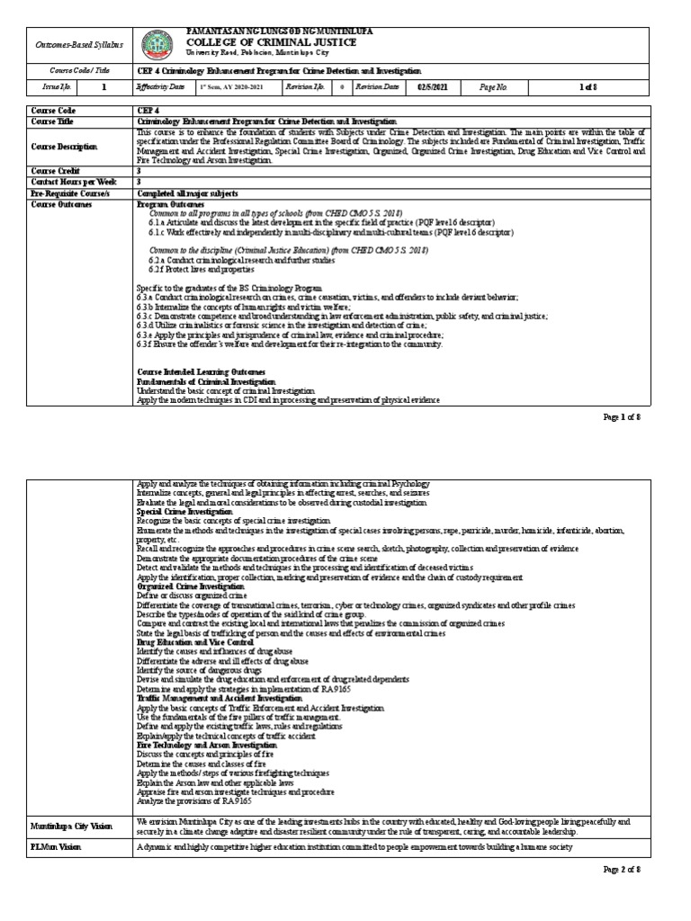 College of Criminal Justice: Outcomes-Based Syllabus | PDF | Forensic ...