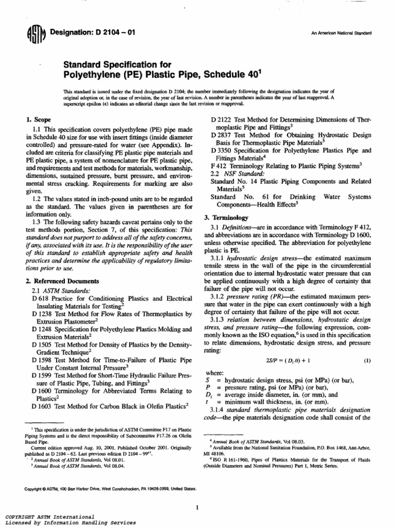 Astm D2104 | PDF | Pipe (Fluid Conveyance) | Polyethylene