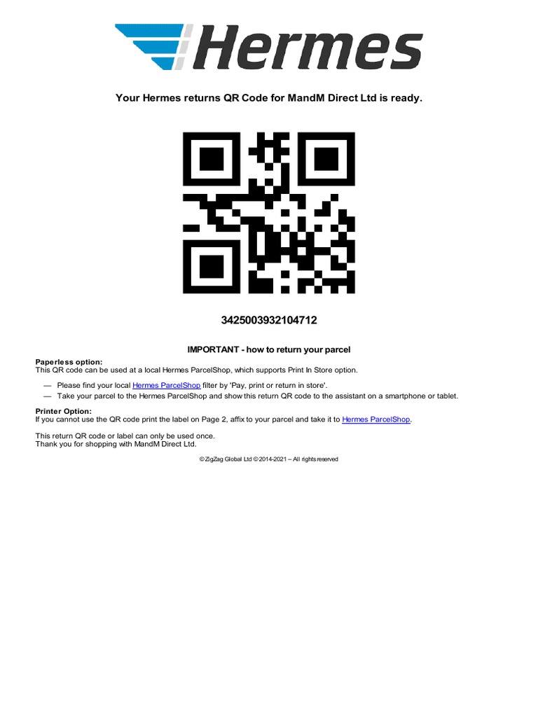 Your Hermes Returns QR Code For Mandm Direct LTD Is Ready.: Important ...