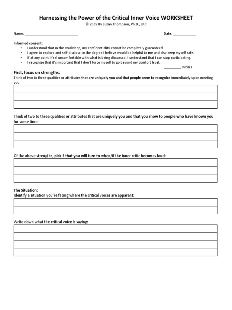 Harnessing The Power of The Critical Inner Voice Worksheet | PDF ...