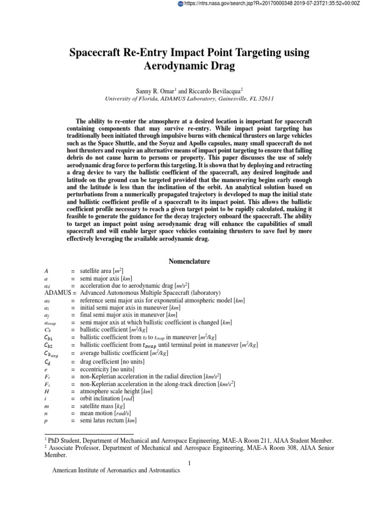 Spacecraft Re-Entry Impact Point Targeting Using Aerodynamic Drag | PDF ...