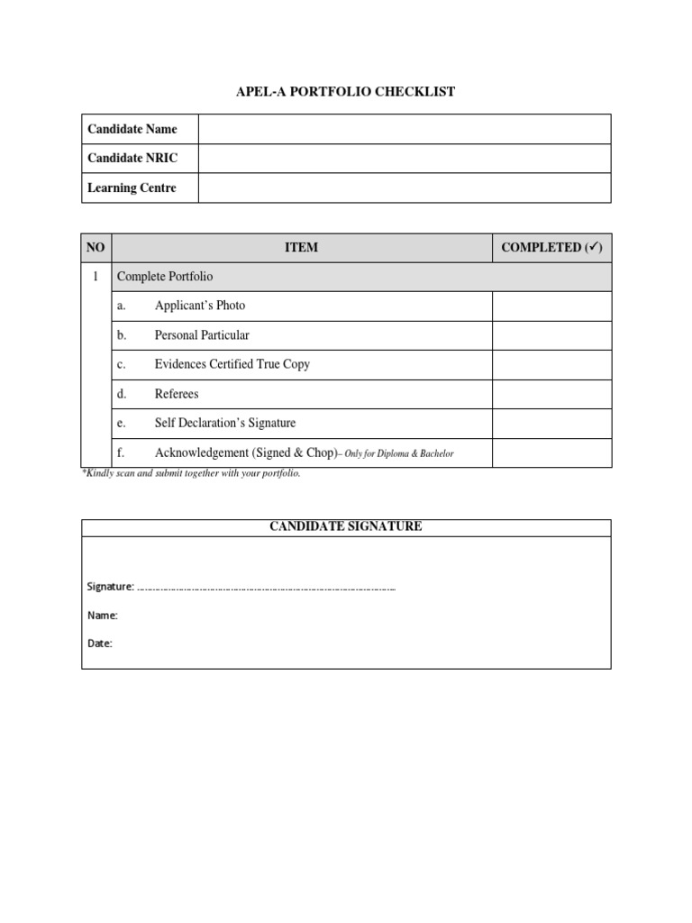 Apel-A Portfolio Checklist: Candidate Name Candidate NRIC Learning ...