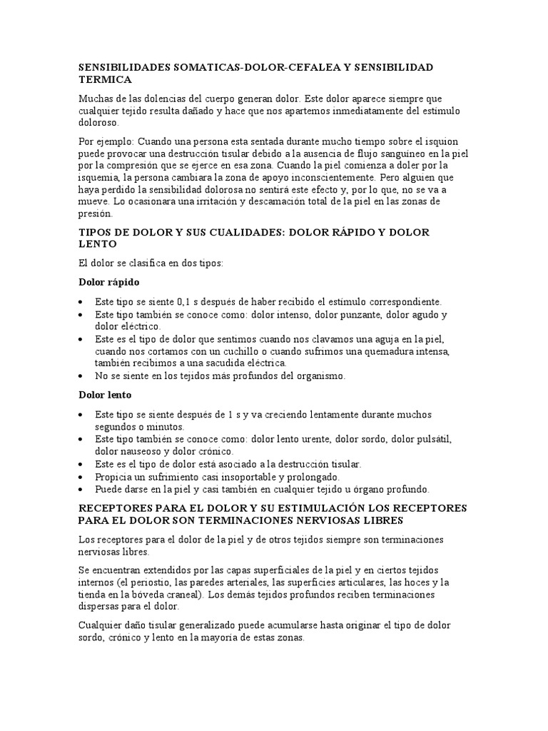 Sensibilidades Somaticas-Dolor-Cefalea y Sensibilidad Termica | PDF | Isquemia | Dolor