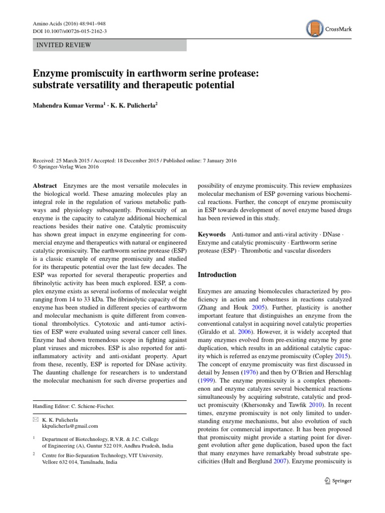 Enzyme Promiscuity in Earthworm Serine Protease: Substrate Versatility and Therapeutic Potential ...