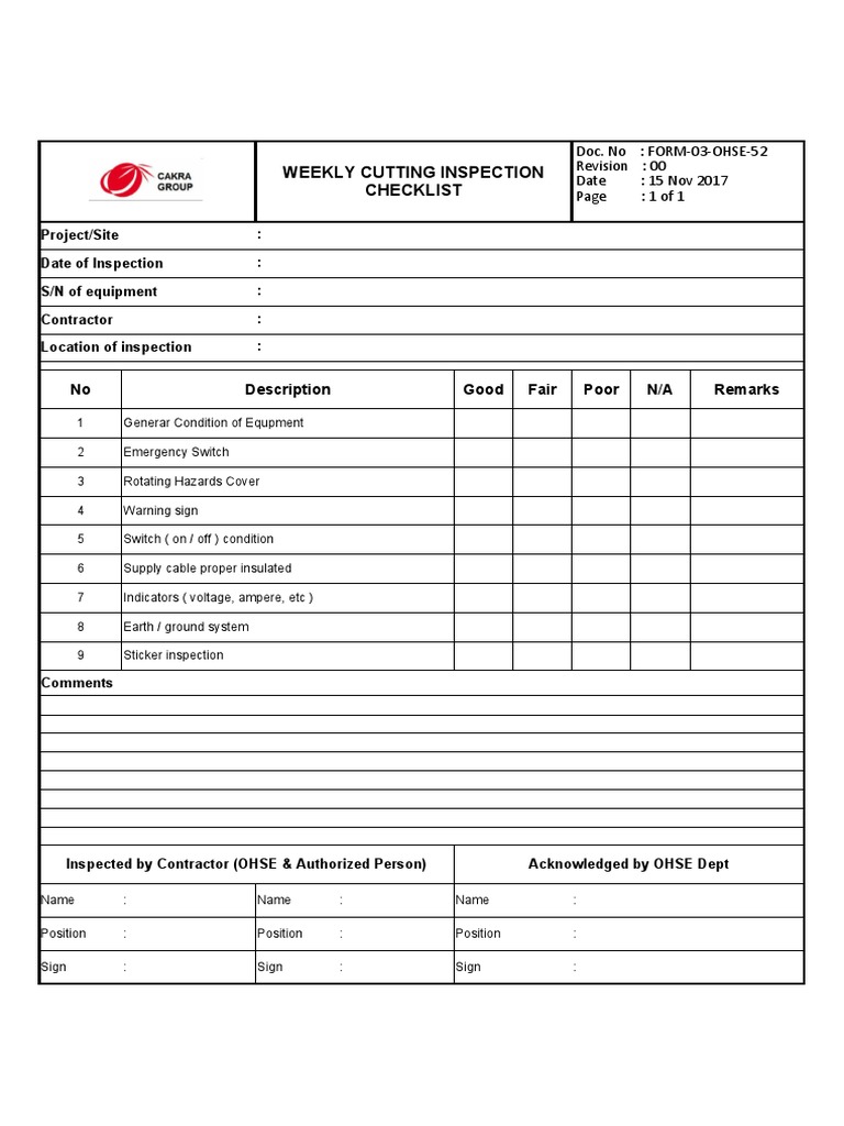FORM-03-OHSE-52 Weekly Cutting Inspection Checklist | PDF