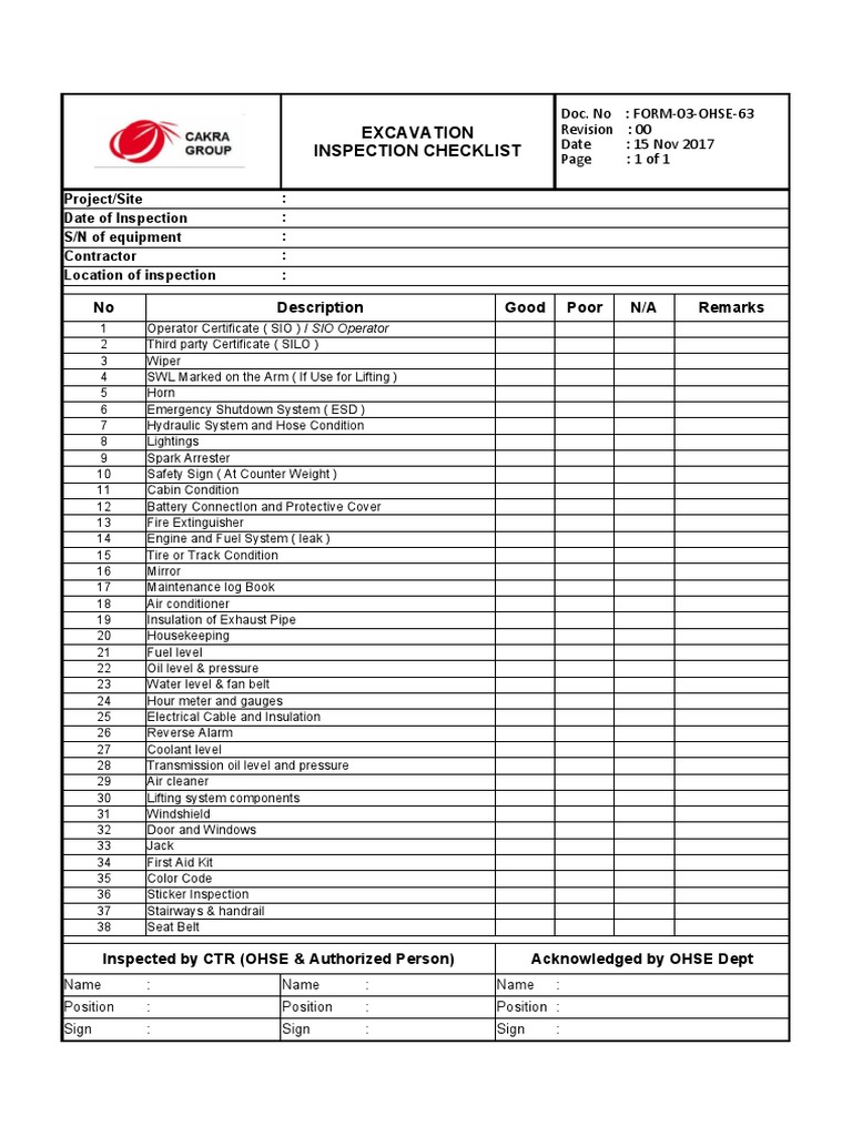 FORM-03-OHSE-63 Excavator Inspection Checklist | PDF