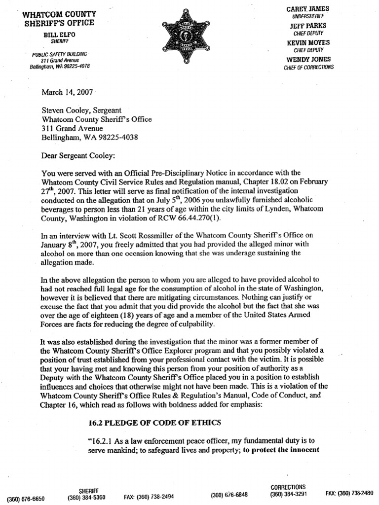 WCSO Memo - Sgt. Steve Cooley Discipline | PDF