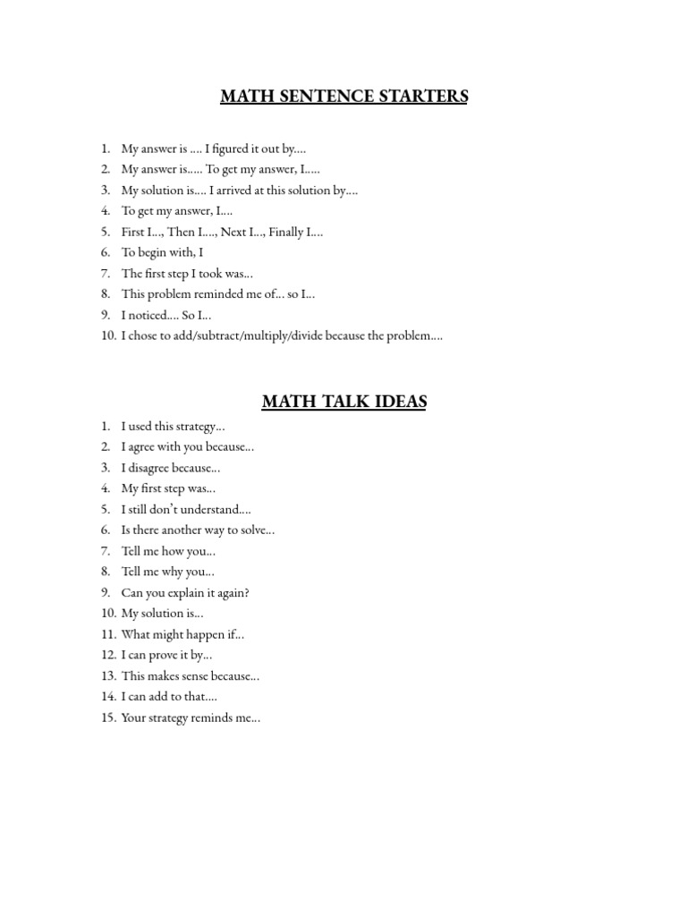 Math Sentence Starters Idea | PDF | Career & Growth | Language Arts ...