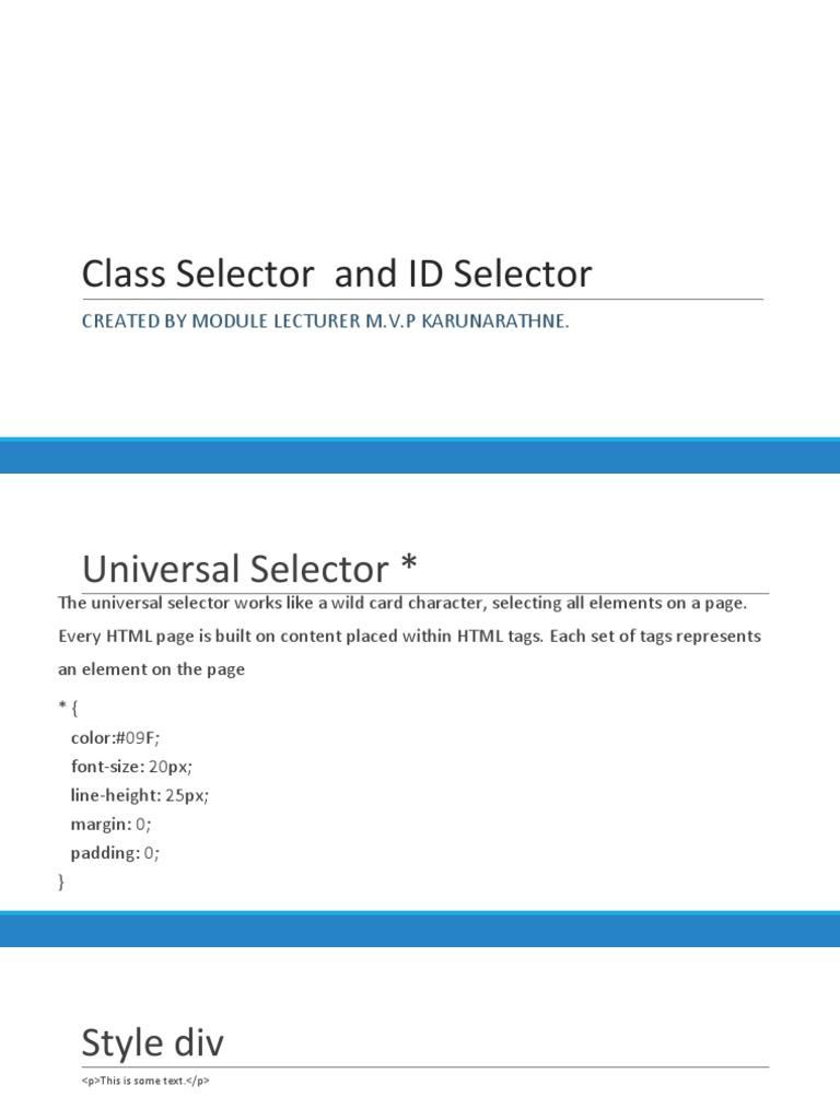 CSS Selectors: Class, ID, Universal | PDF | Html Element | Html