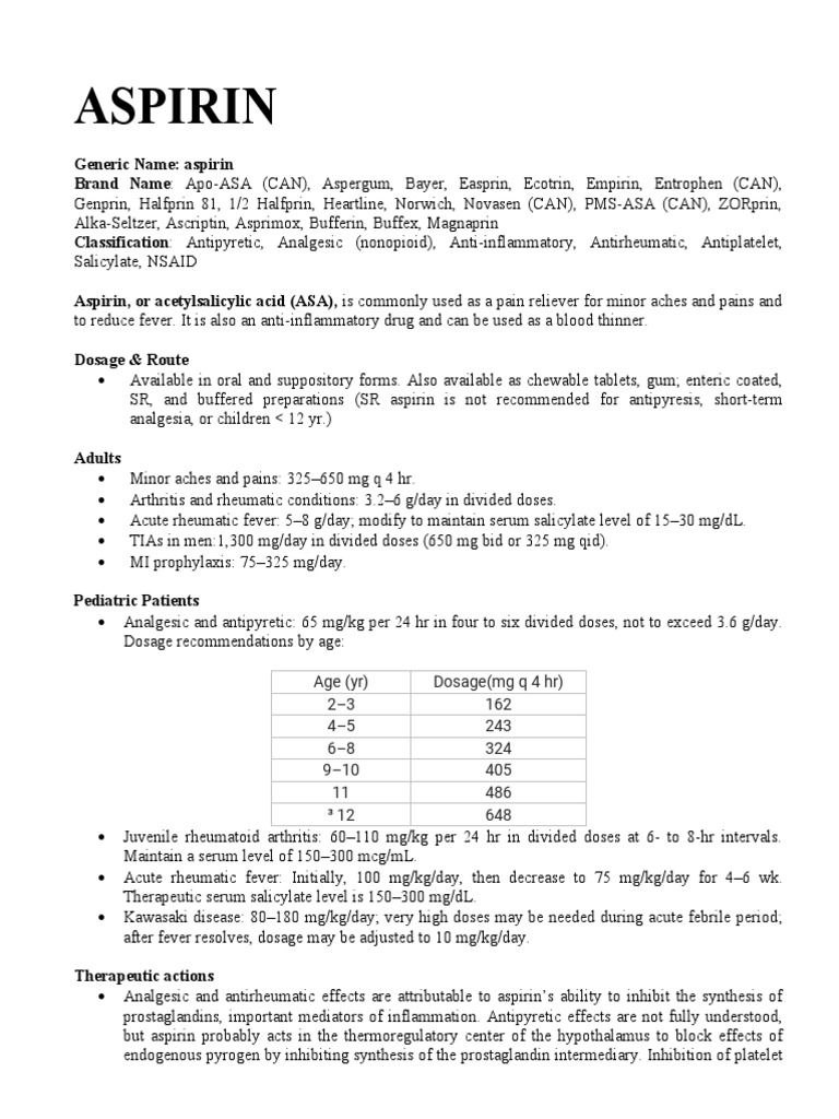 Aspirin: Age (Yr) Dosage (MG Q 4 HR) 2-3 162 4-5 243 6-8 324 9-10 405 ...