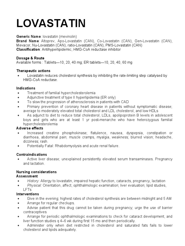 An Overview of Lovastatin: Its Classification, Indications, Adverse ...