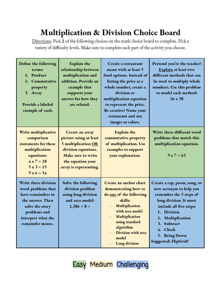 Math Choice Board | Download Free PDF | Multiplication | Matrix ...