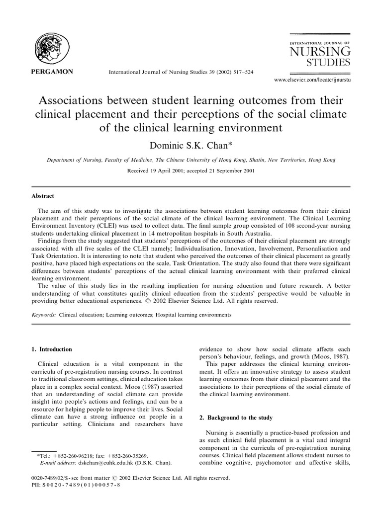 Associations Between Student Learning Outcomes From Their - Chan 2002 ...