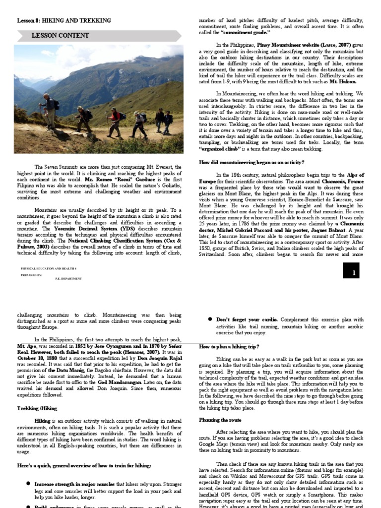 Lesson Content: Lesson 8: Hiking and Trekking | PDF | Hiking ...