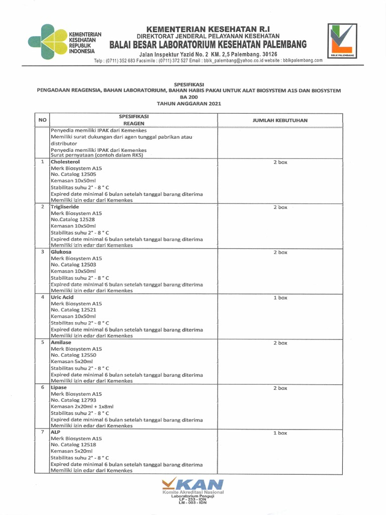 Spesifikasi Pengadaan Reagensia Bahan Laboratorium BHP Alat Biosystem ...
