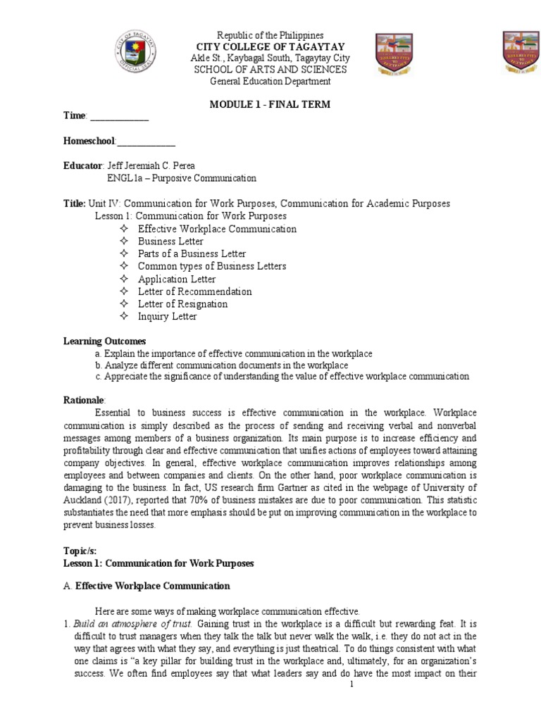 Finals Module 1 Communication For Work Purposes Name Surname Section ...
