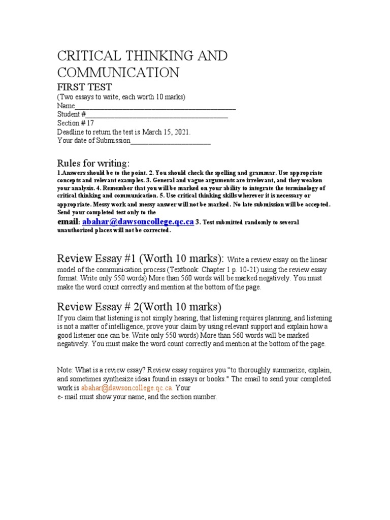 Critical Thinking and Communication: First Test | PDF