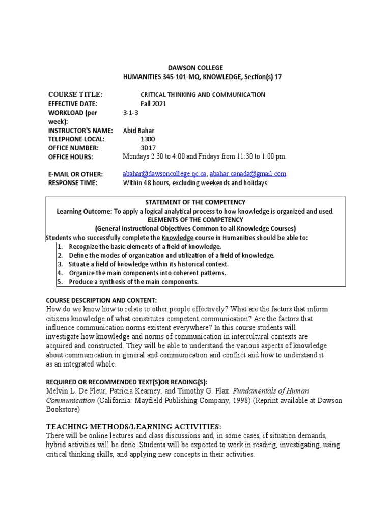 Humanities 101 Winter 2021 Course Outline | PDF | Turnitin | Academic ...