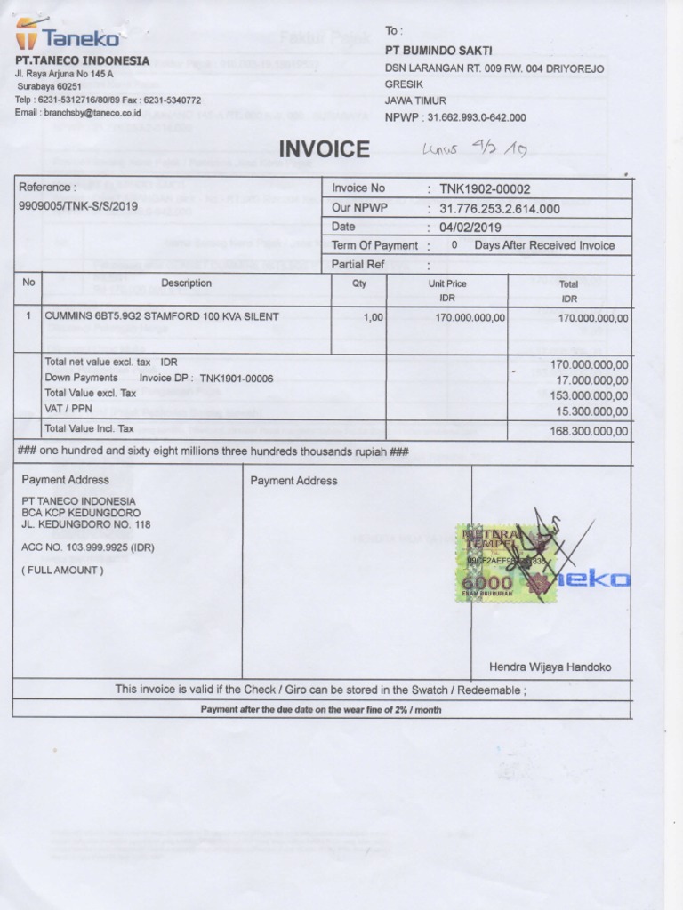 Genset Cummin (Invoice) | PDF