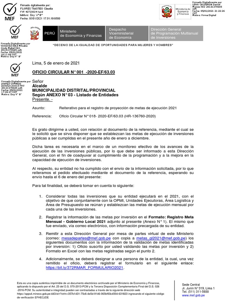 Oficio Circular 001 2021 EF 63.03 | PDF | Perú | Economias