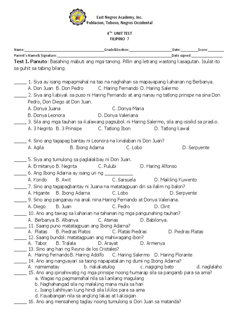 Filipino 7 - Unit Test 4 Set A | PDF