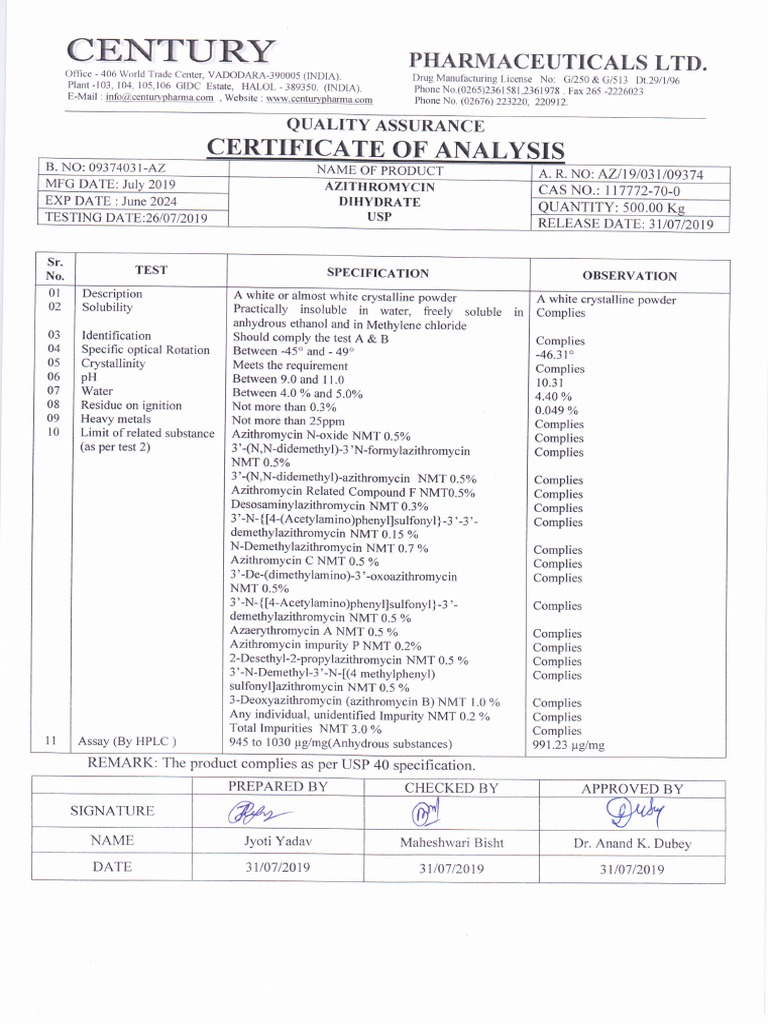 Coa Azithromycin Dihydrate Usp40-Century Pharmaceuticals | PDF