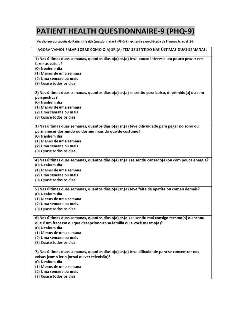 Patient Health Questionnaire PHQ | PDF | Depressão | Bem-estar