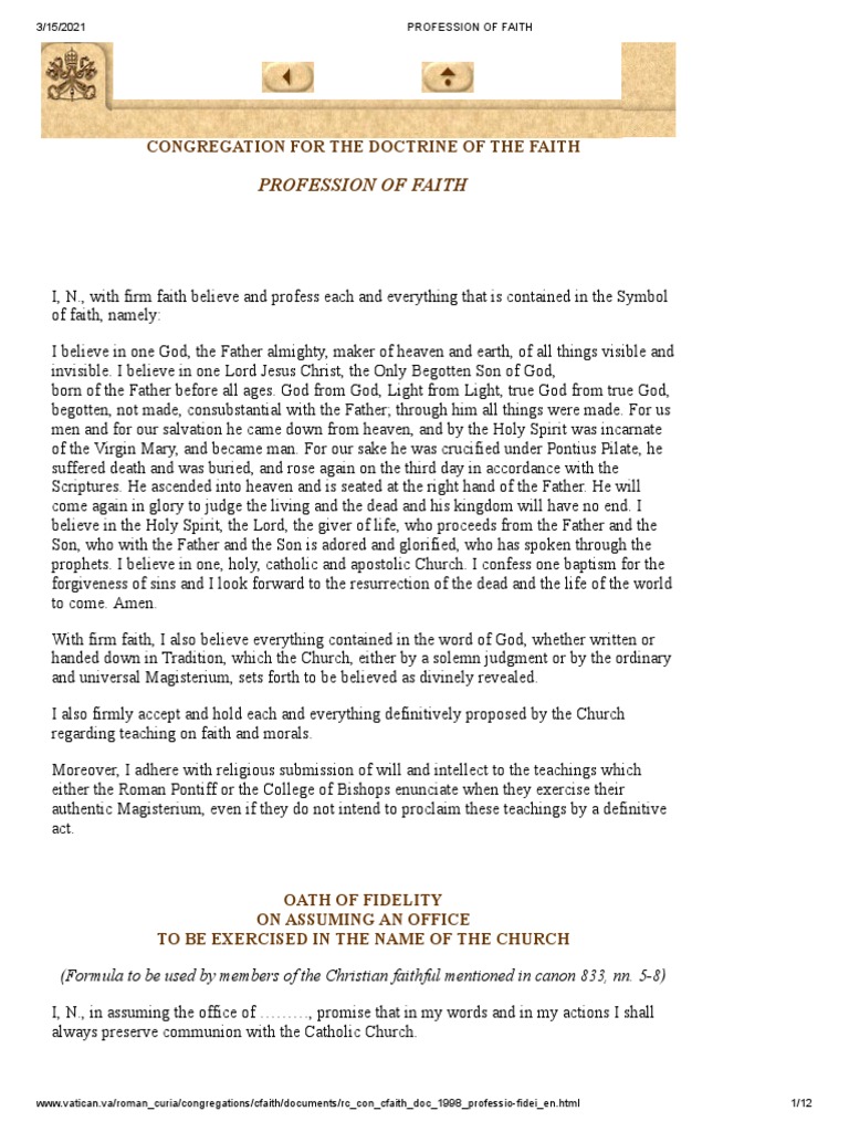 Profession of Faith | PDF | Catholic Church | Pope