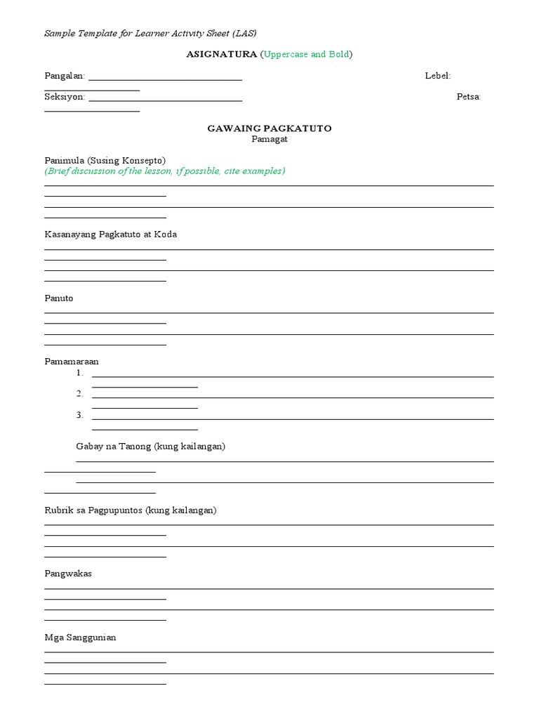 Sample Template For Learner Activity Sheet (LAS) - TAGALOG) | PDF