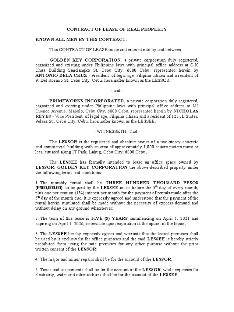 Contract of Lease of Real Property | Download Free PDF | Lease | Property