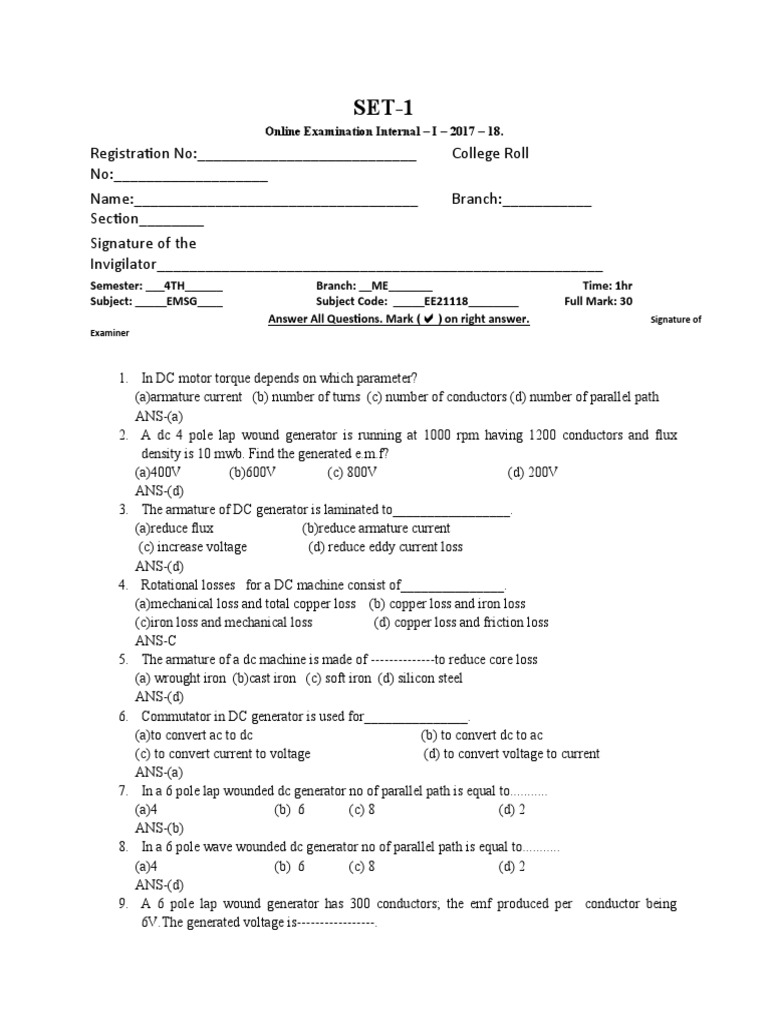 Online Examination Internal - I - 2017 - 18.: Signature of Examiner ...