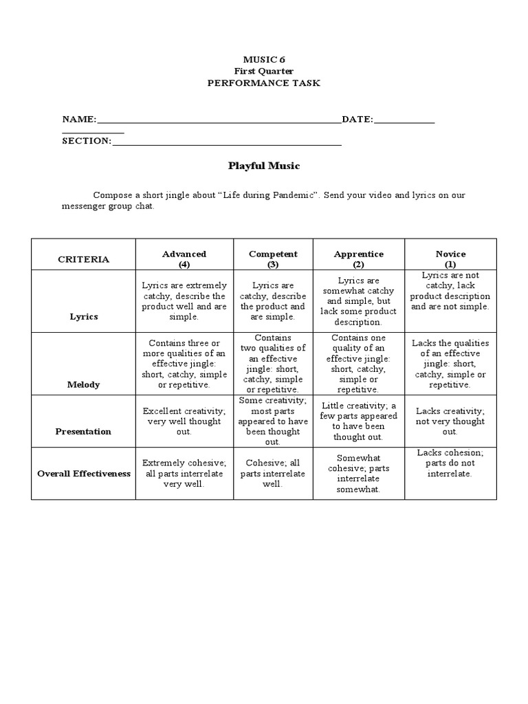 Music Performance Task Rubric | PDF | Entertainment (General)