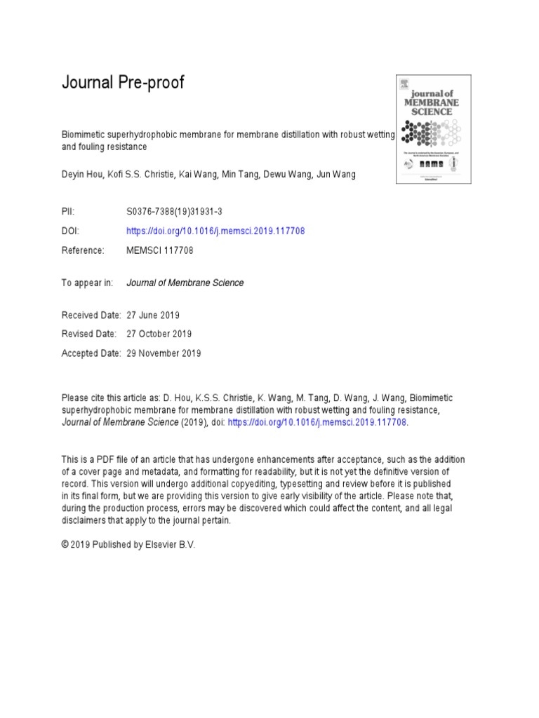 Journal Pre-Proof: Journal of Membrane Science | PDF | Wetting | Membrane