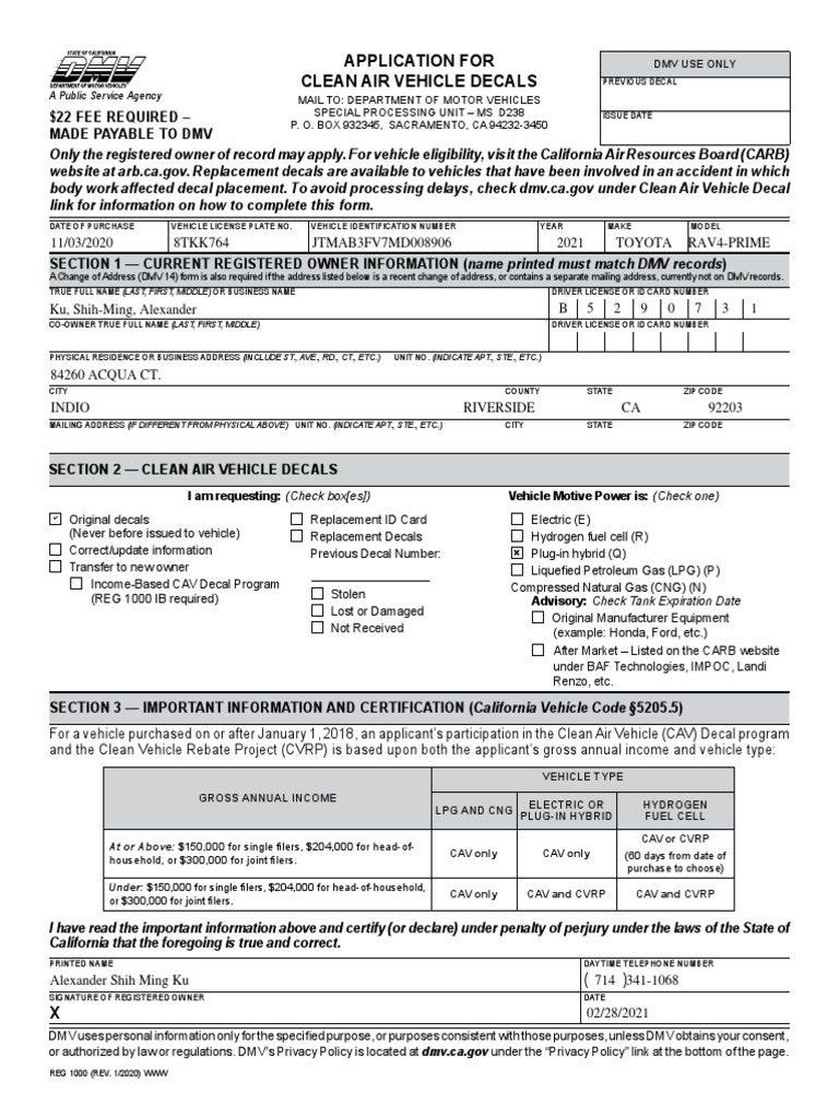 REG 1000, Application For Clean Air Vehicle Decals | Download Free PDF ...