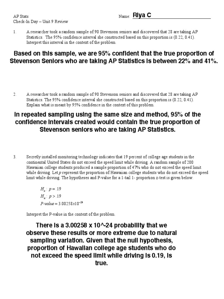 AP Stats Unit 9 Review: Confidence Intervals | PDF | Self-Improvement ...