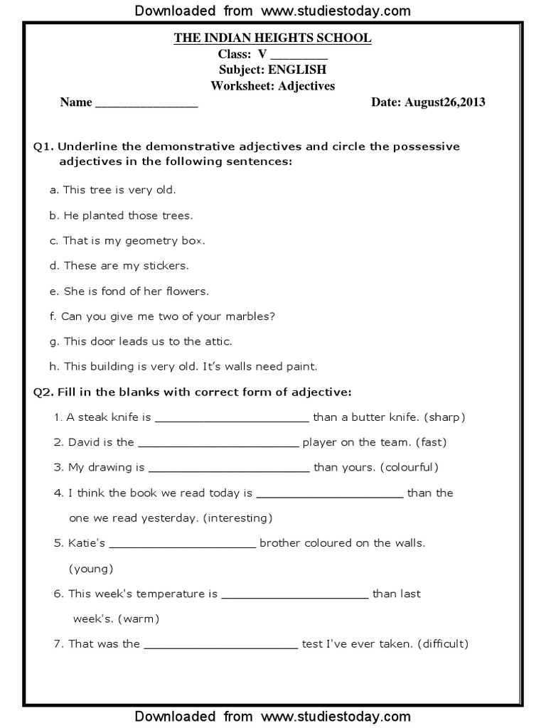CBSE Class 5 English Revision Worksheet (6) - Adjectives | PDF