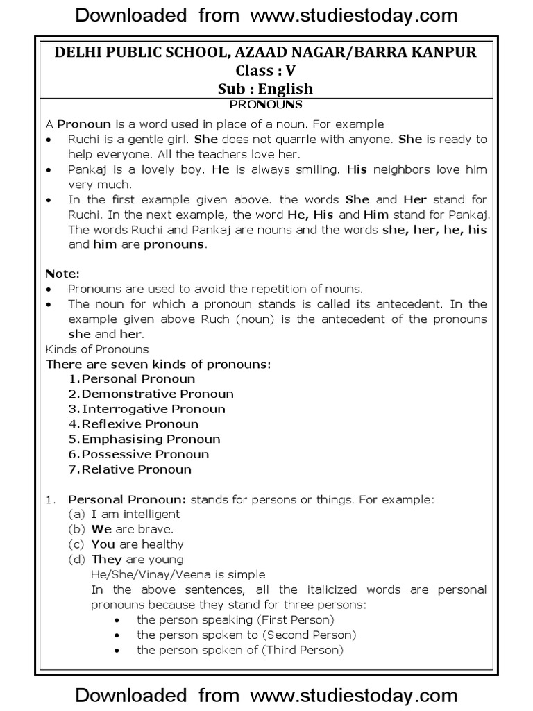 Pronouns Worksheet for Class 5 | PDF | Grammatical Gender | Pronoun